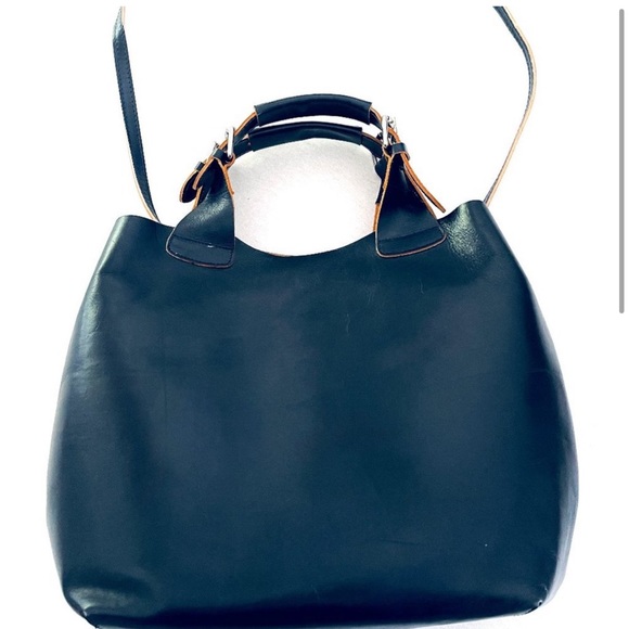 Vera Pelle | Bags | Vera Pelle Zara Italian Leather Large Navy Blue Shopper Tote Work Bag Handle ...